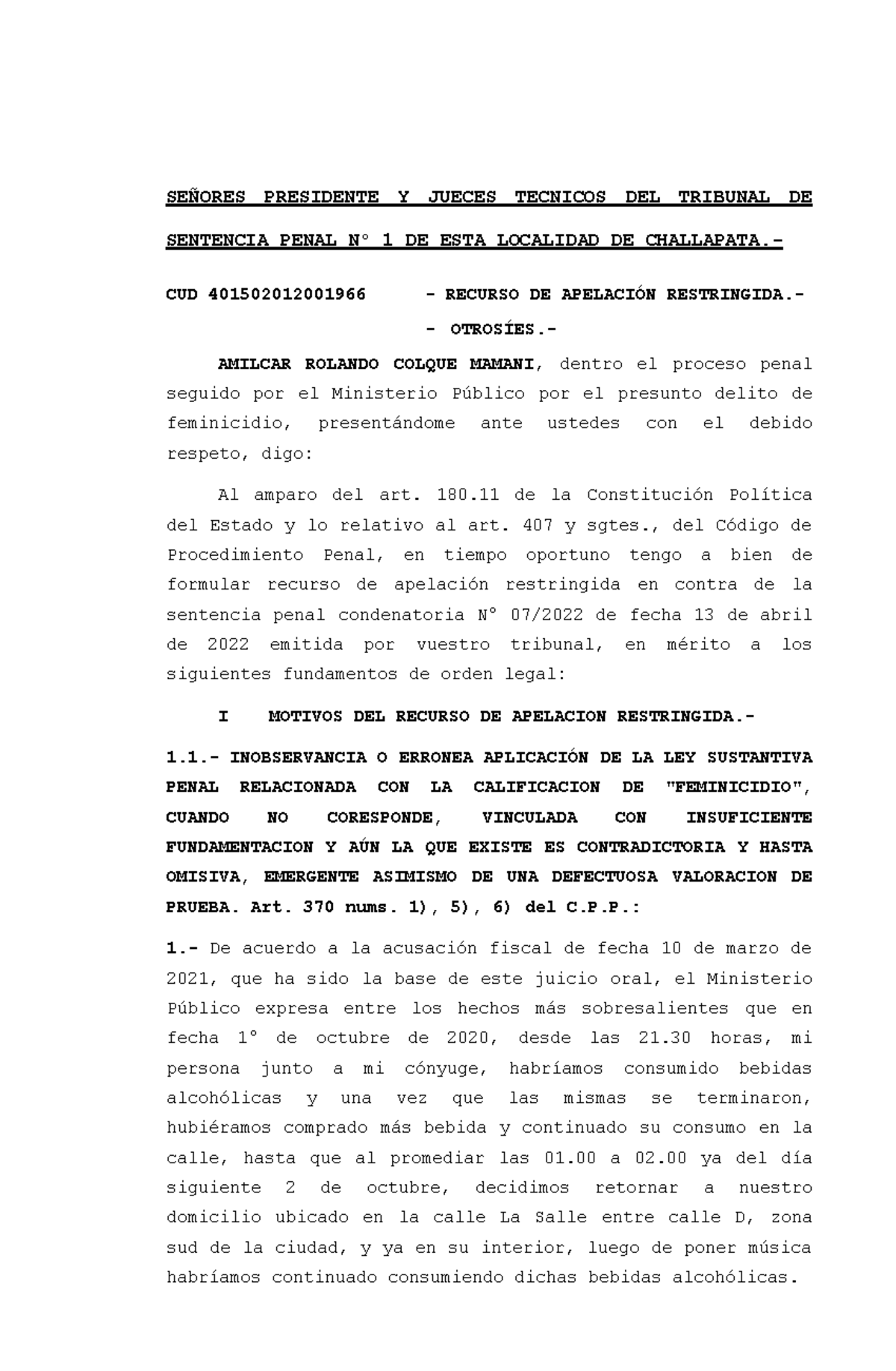 Recurso de Apelación Restringida en Caso de Feminicidio - CUD 401502012001966 - Studocu