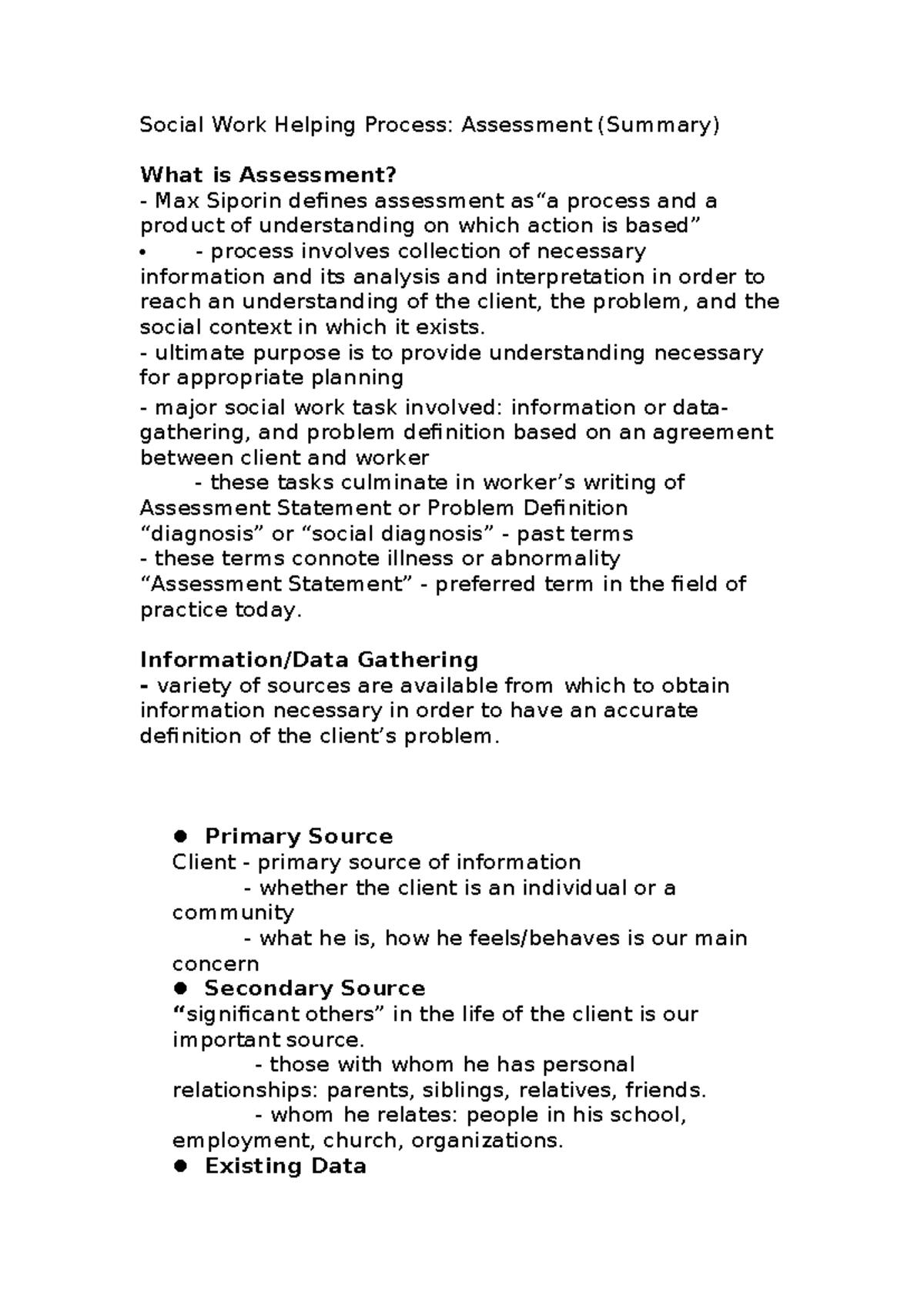 SW 101: Summary of the Helping Process - Assessment Techniques - Studocu