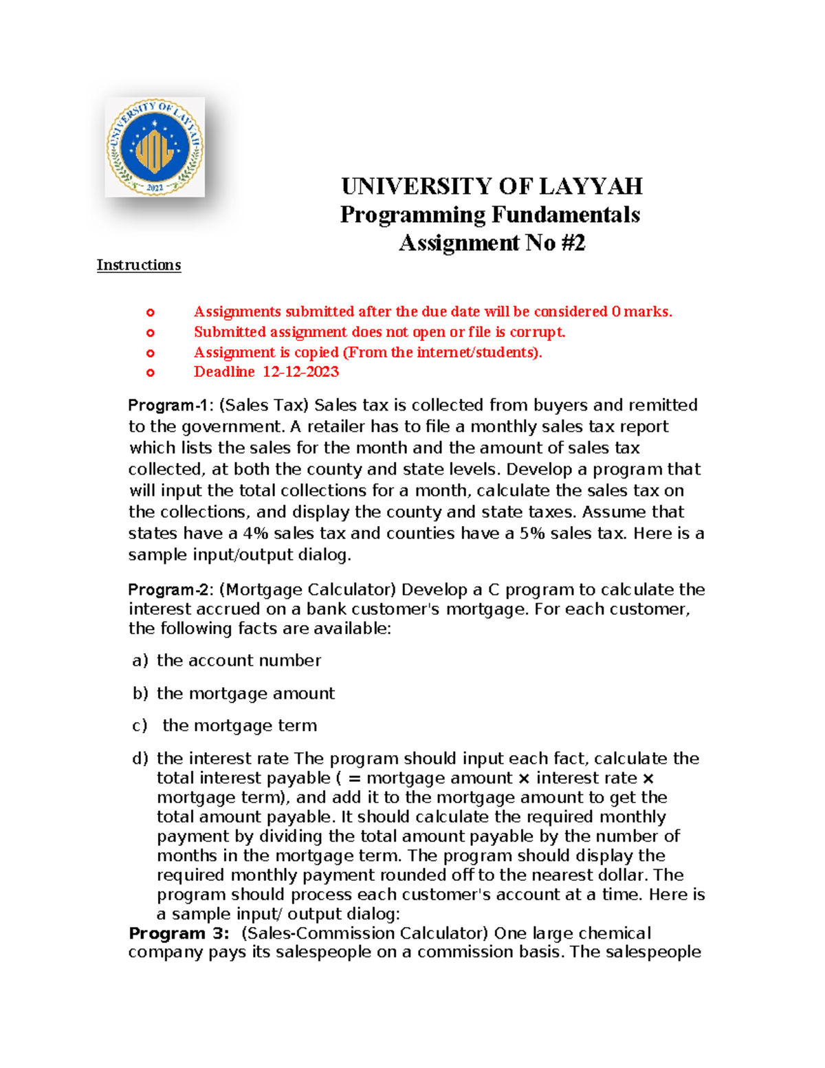 Programming Fundamentals Assignment 3: Tax and Calculation Programs ...