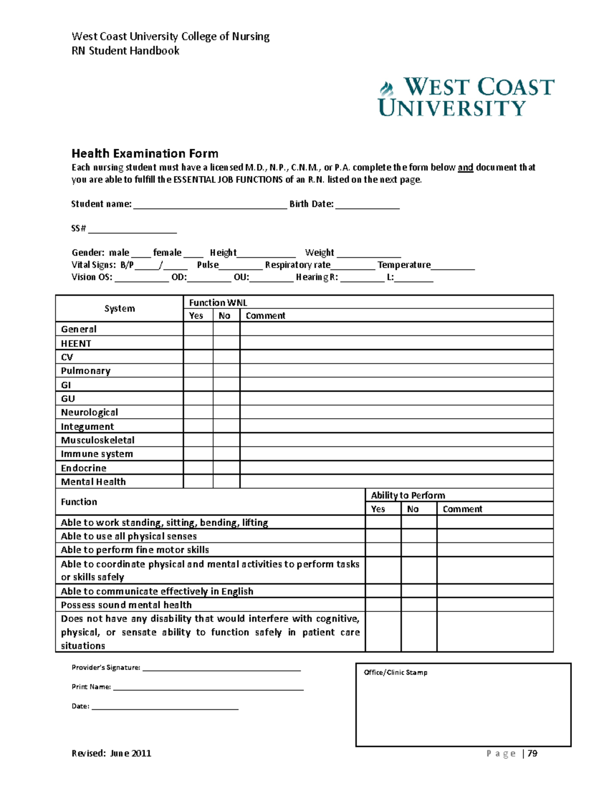 Health Exam - Clinical Packet for RN Students (West Coast University ...