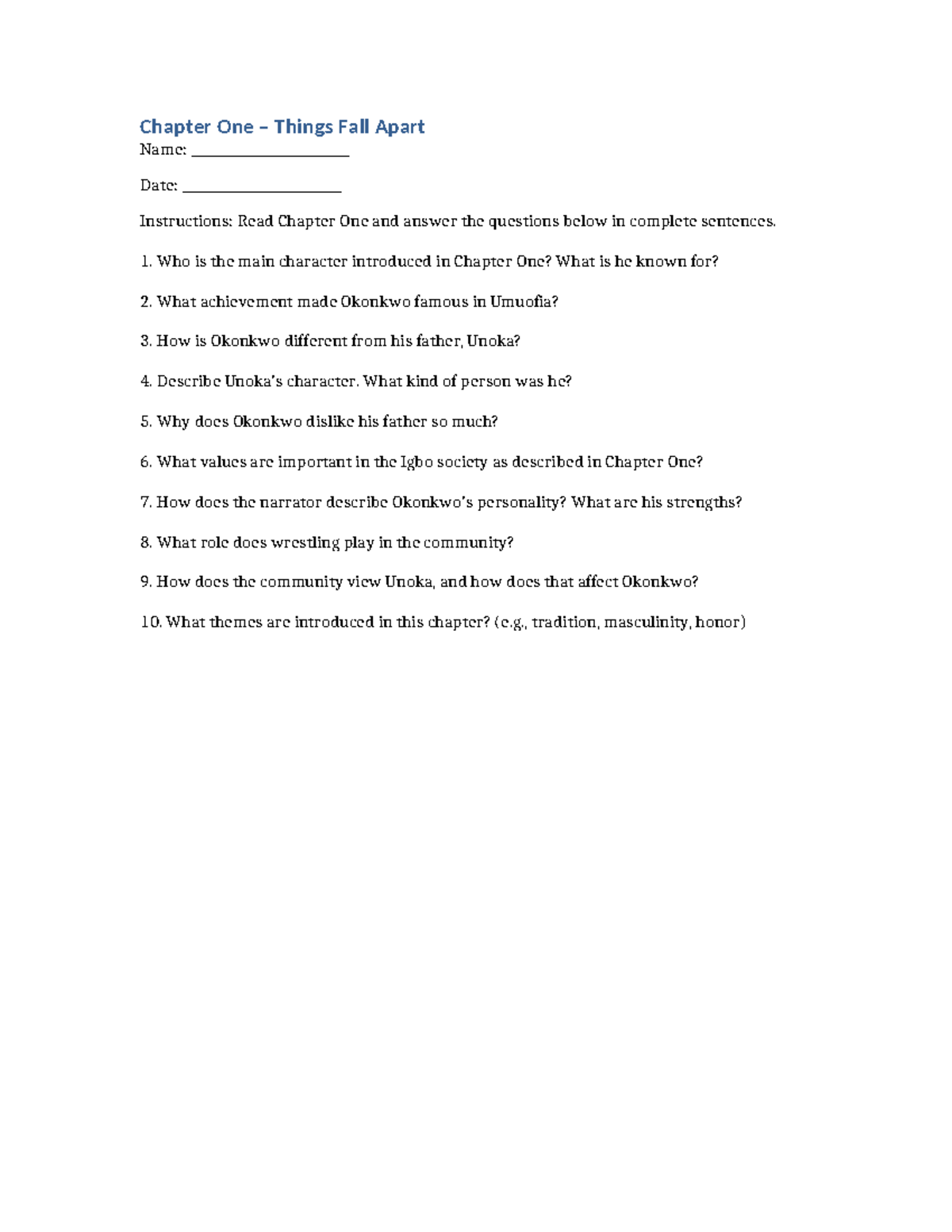 Things Fall Apart (ENG 101) Chapter 1 Worksheet & Questions - Studocu