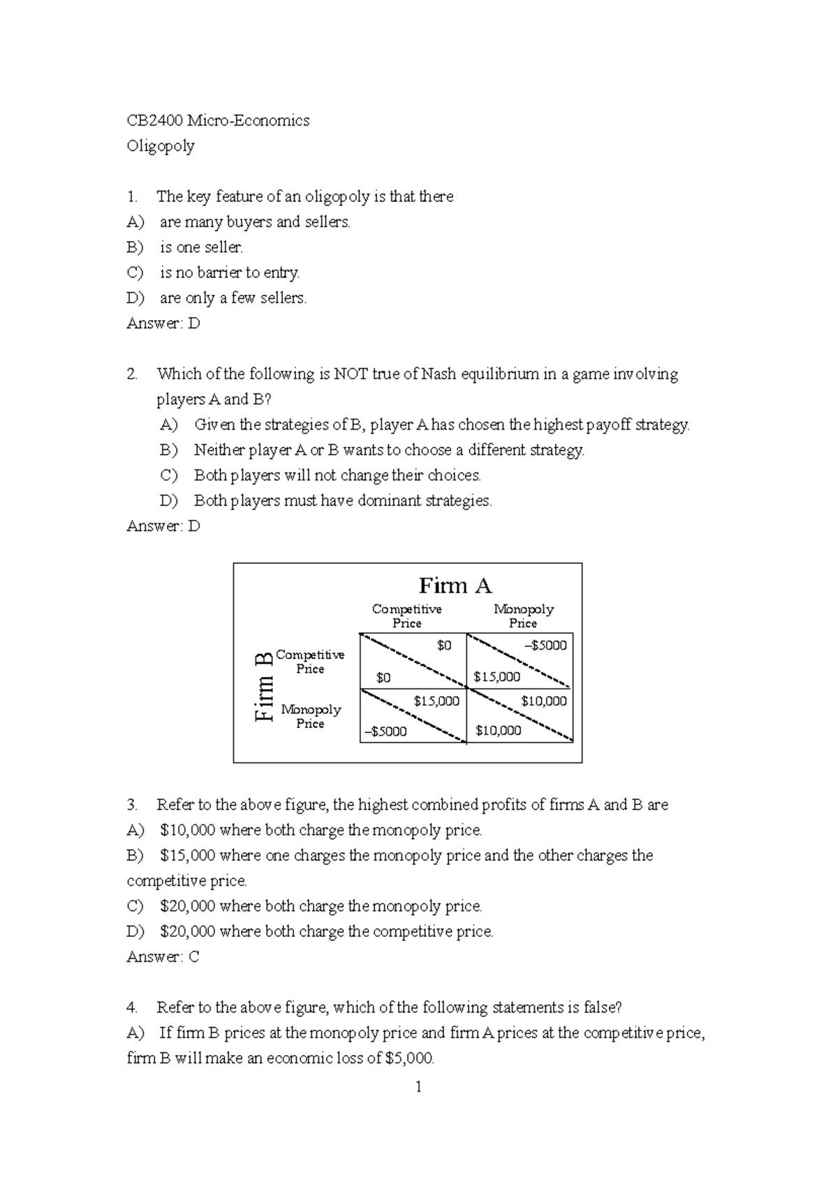 CB2400 Oligopoly: Key Concepts and Game Theory Insights - Studocu