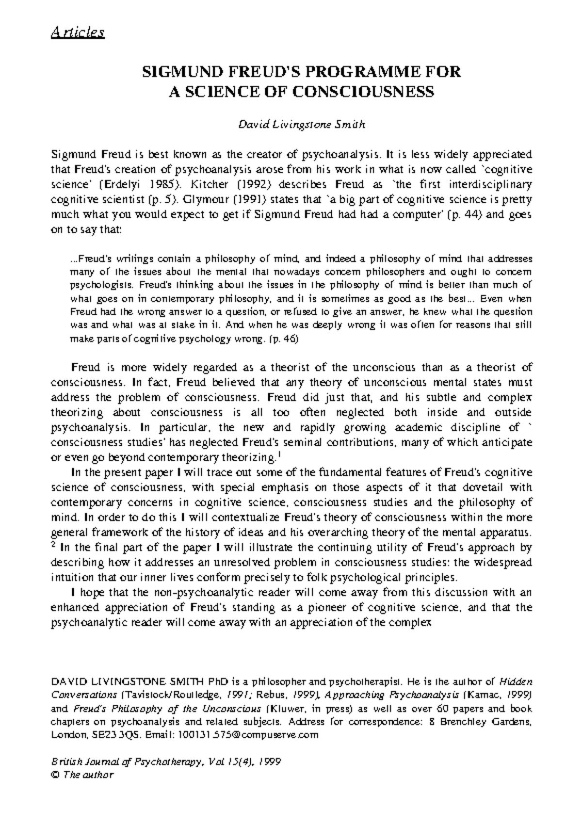 Sigmund Freud's Contributions to Cognitive Science and Consciousness ...
