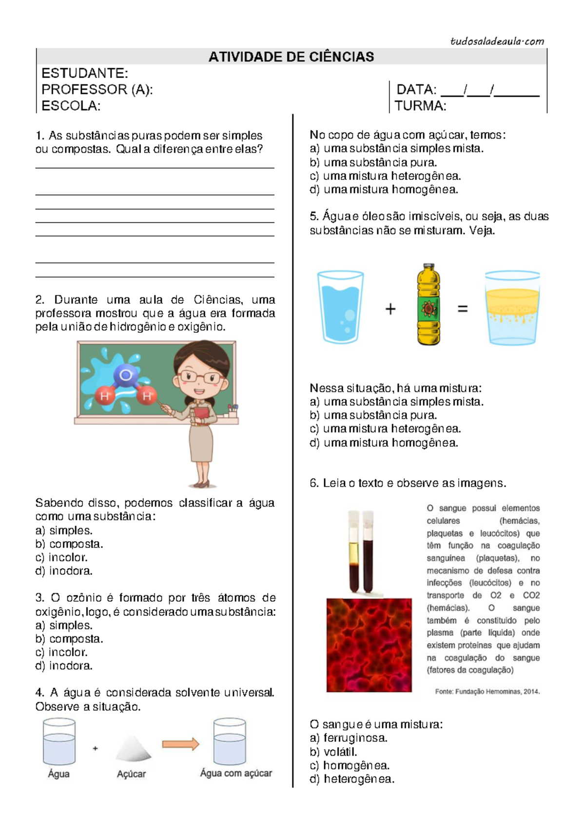 Atividades sobre Misturas em Ciências - Atividade de Aula - Studocu