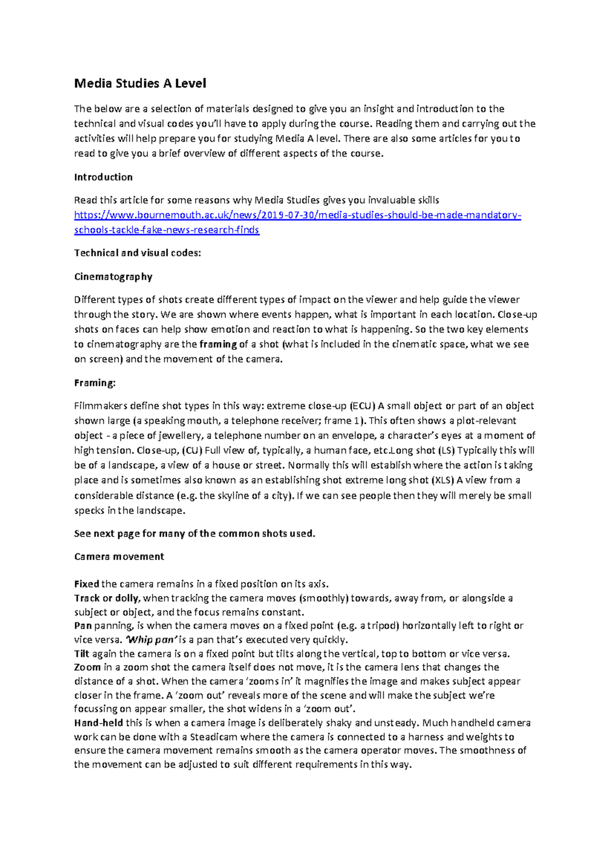 Media Studies A Level: Preparatory Work for Technical Codes - Studocu