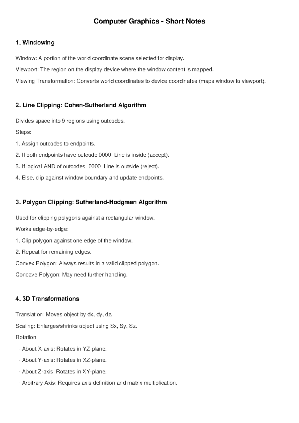 Computer Graphics Cg101 Short Notes Windowing Clipping