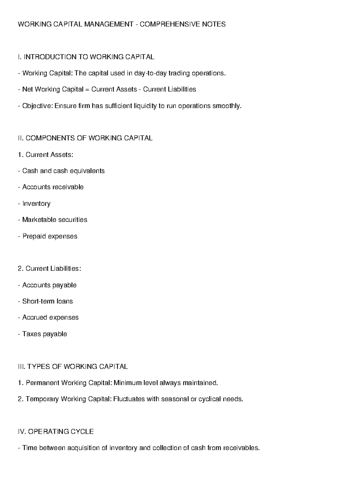 WORKING CAPITAL MANAGEMENT NOTES: COMPREHENSIVE GUIDE - Studocu