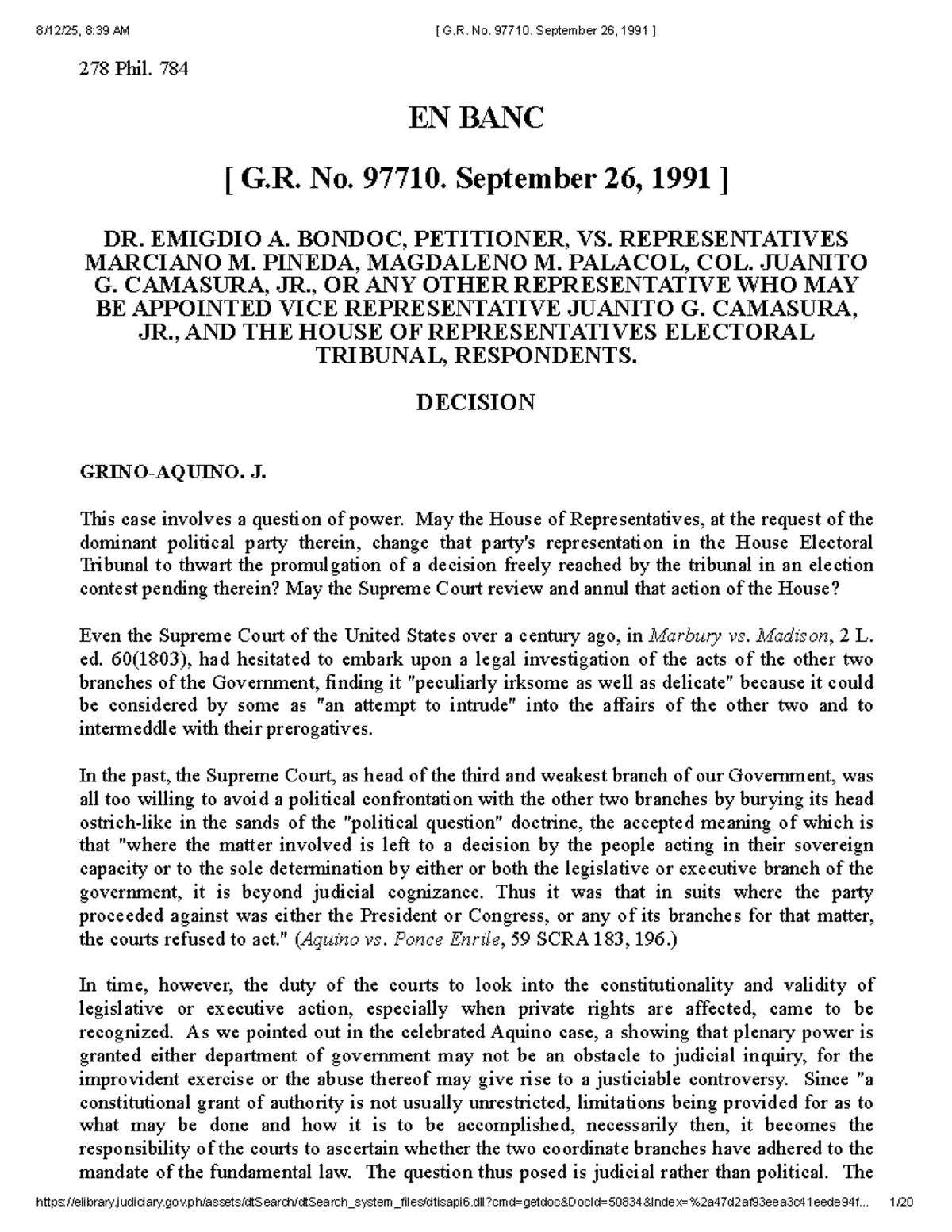 Bondoc vs. Pineda: G.R. No. 97710 Decision Analysis (Sept 26, 1991 ...