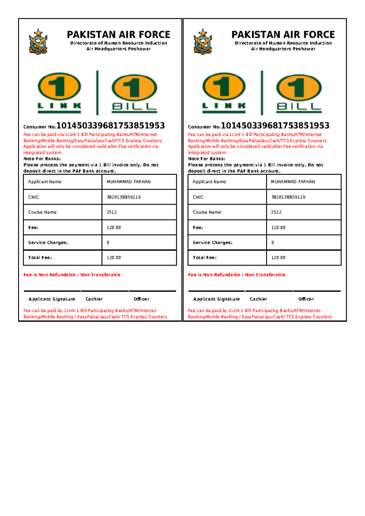 PAF Course 2512 Payment Slip - Fee Verification Instructions - Studocu