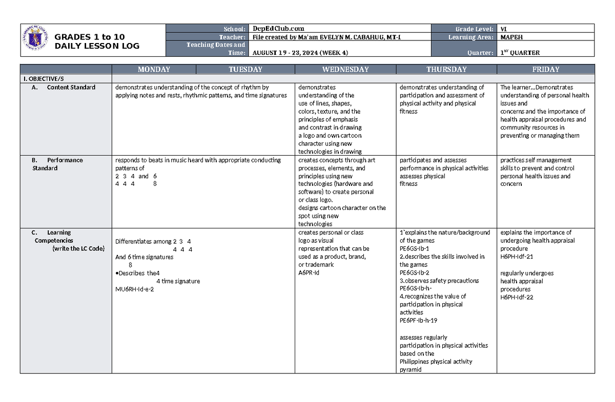 DLL MAPEH 6 Q1 W4: Daily Lesson Log Activities for Grade 6 - Studocu