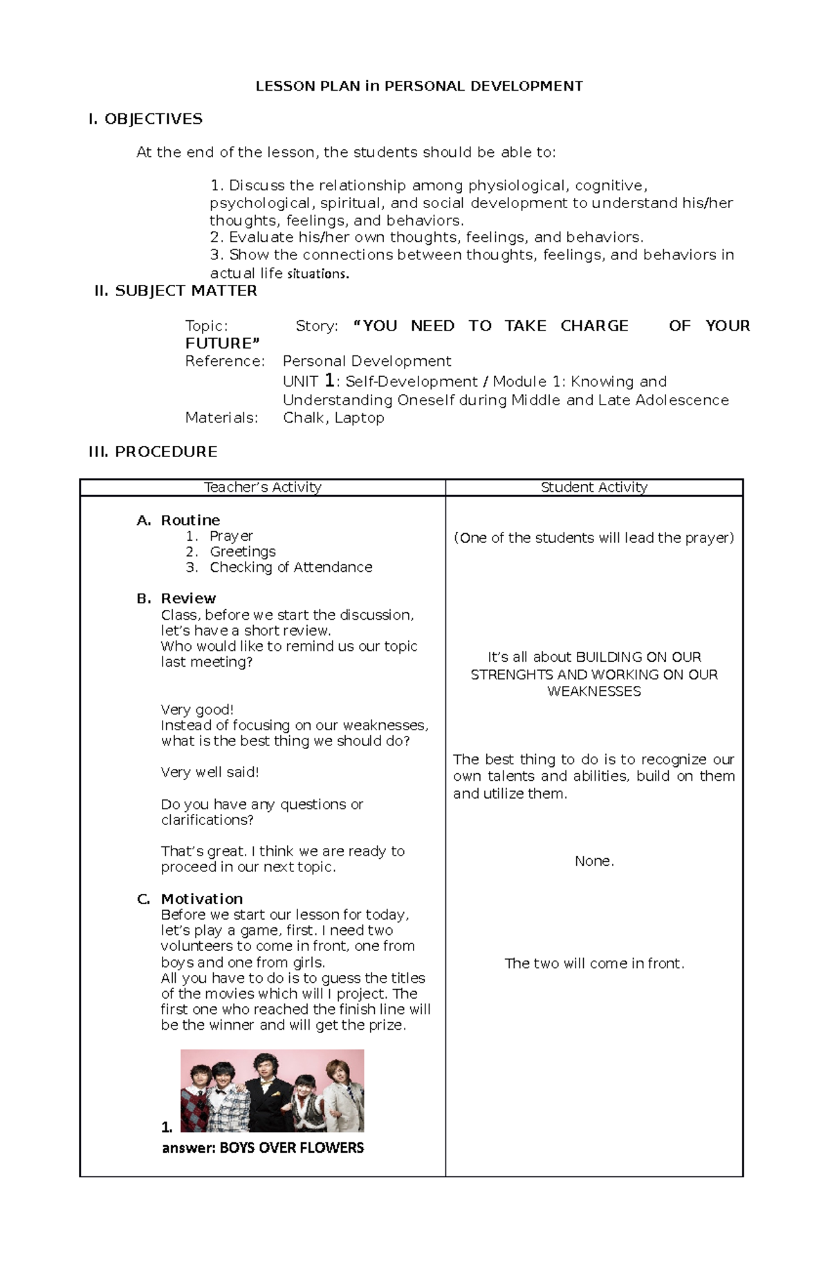 Perdev Lesson Plan: Understanding Self-Development Goals - Studocu