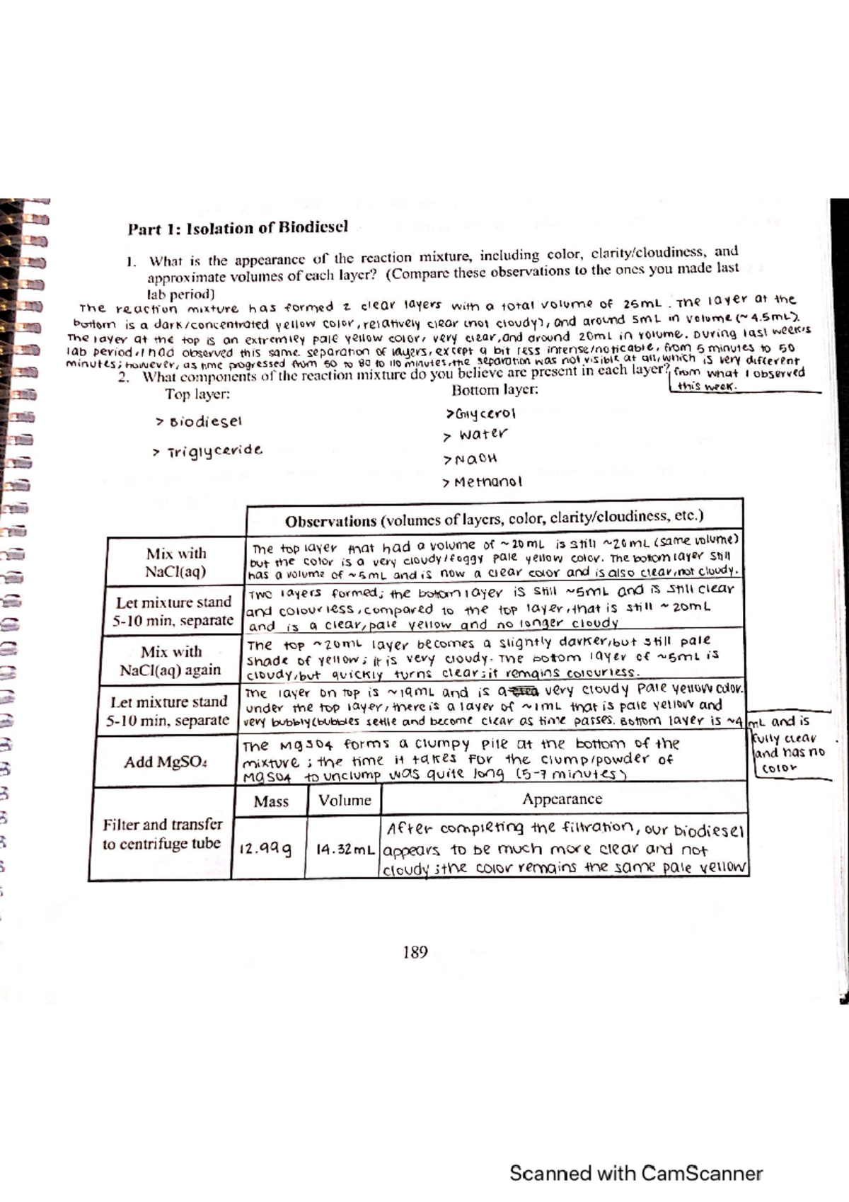 CHEM 1A Biofuels PART B LAB Report AND LAB NOTEBOOK - Part 1: Isolation of Biodiesel 1. What is ...