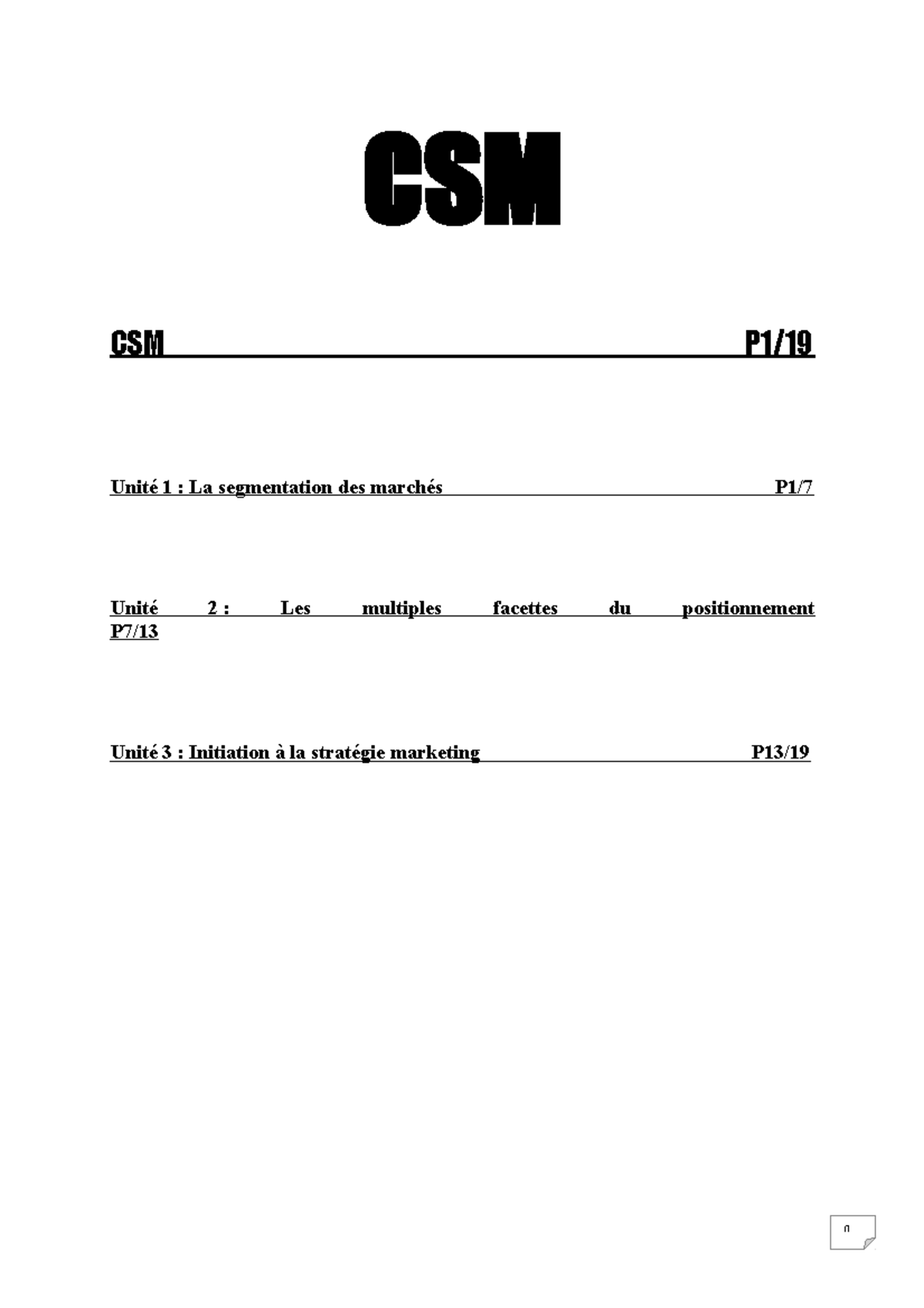 Cours de CSM part 1 - CSM CSM P1/ Unité 1 : La segmentation des marchés ...