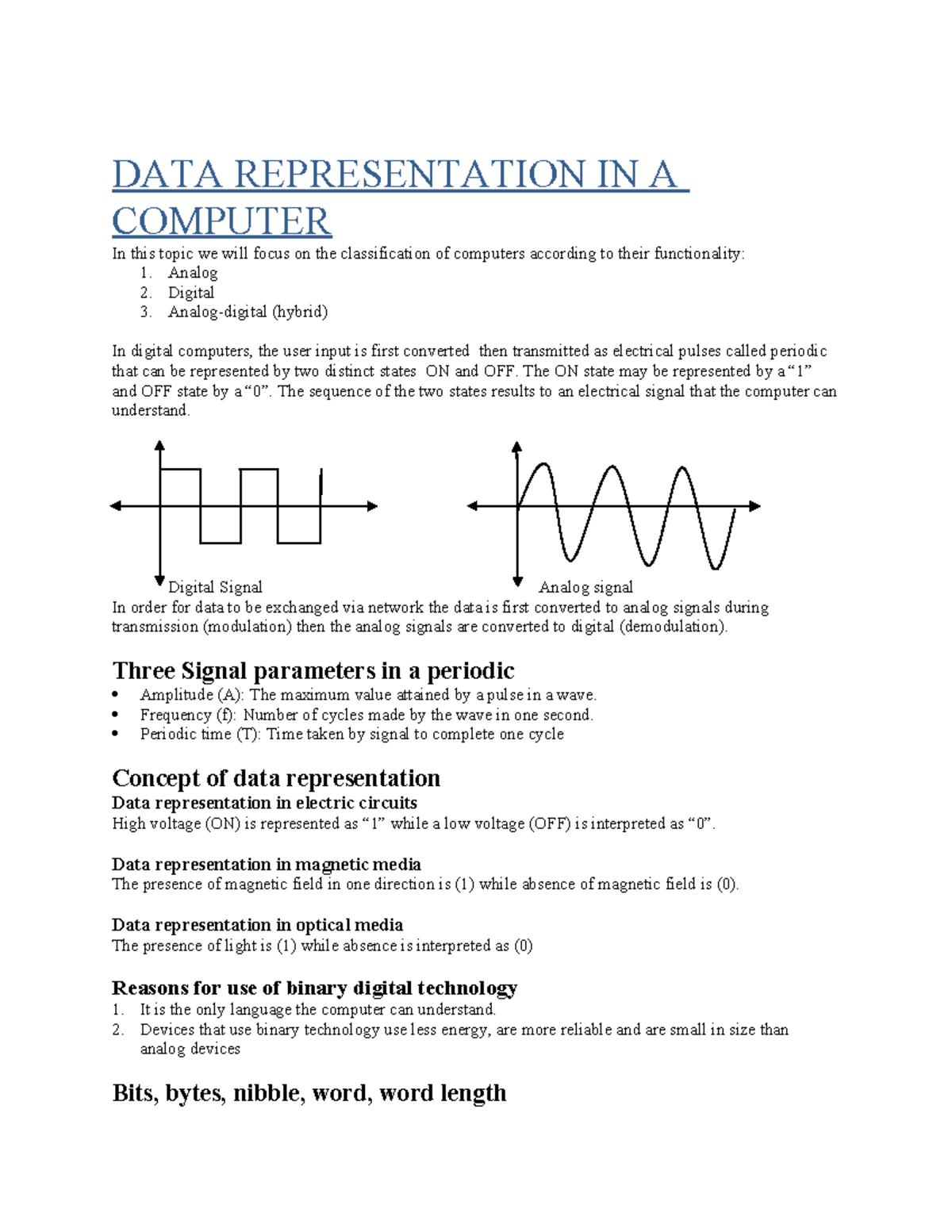 COMP102 - Data Representation in Computers: Study Notes and Concepts ...