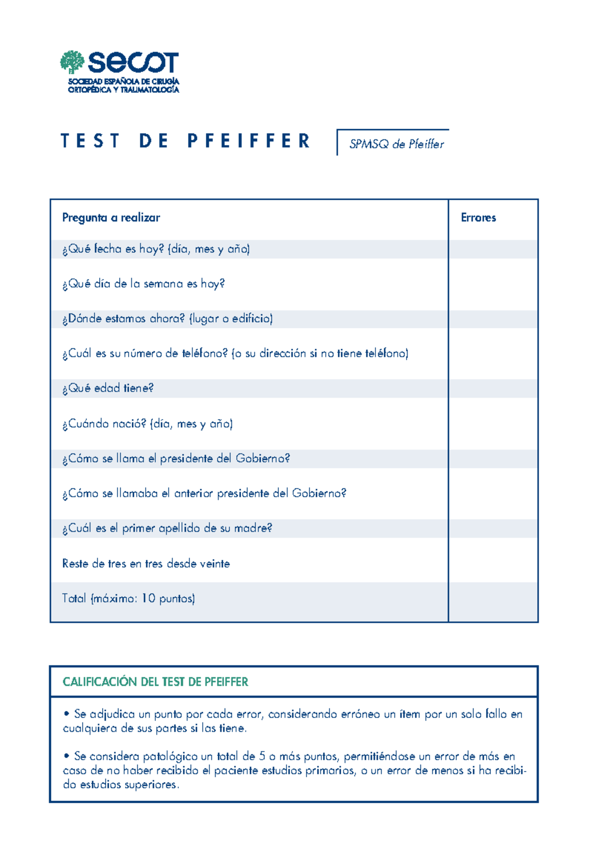 Test de Pfeiffer: Errores y Calificación (SPMSQ) - Studocu