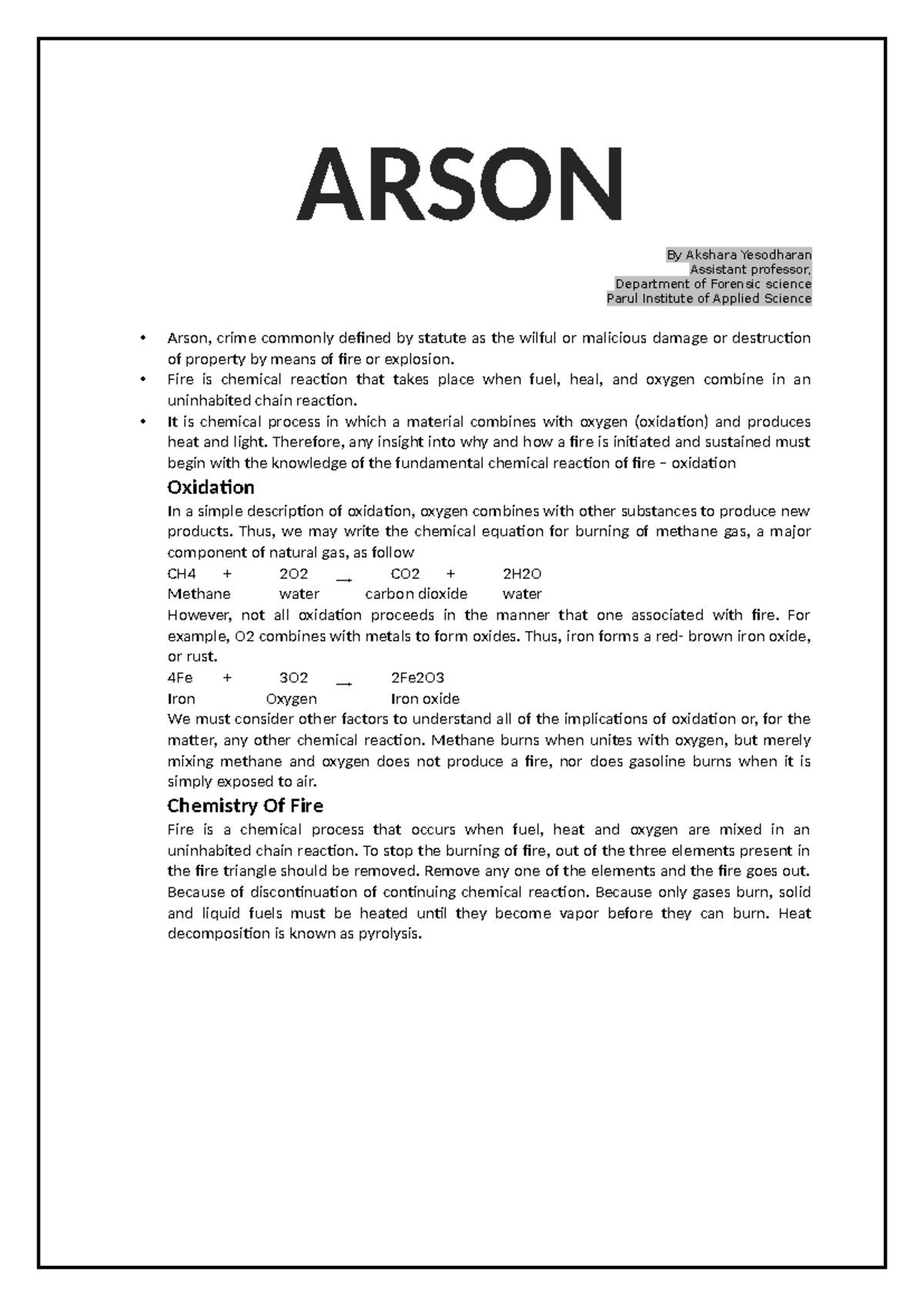 Arson AY Mid Sem 2: Understanding Fire Chemistry and Investigation ...