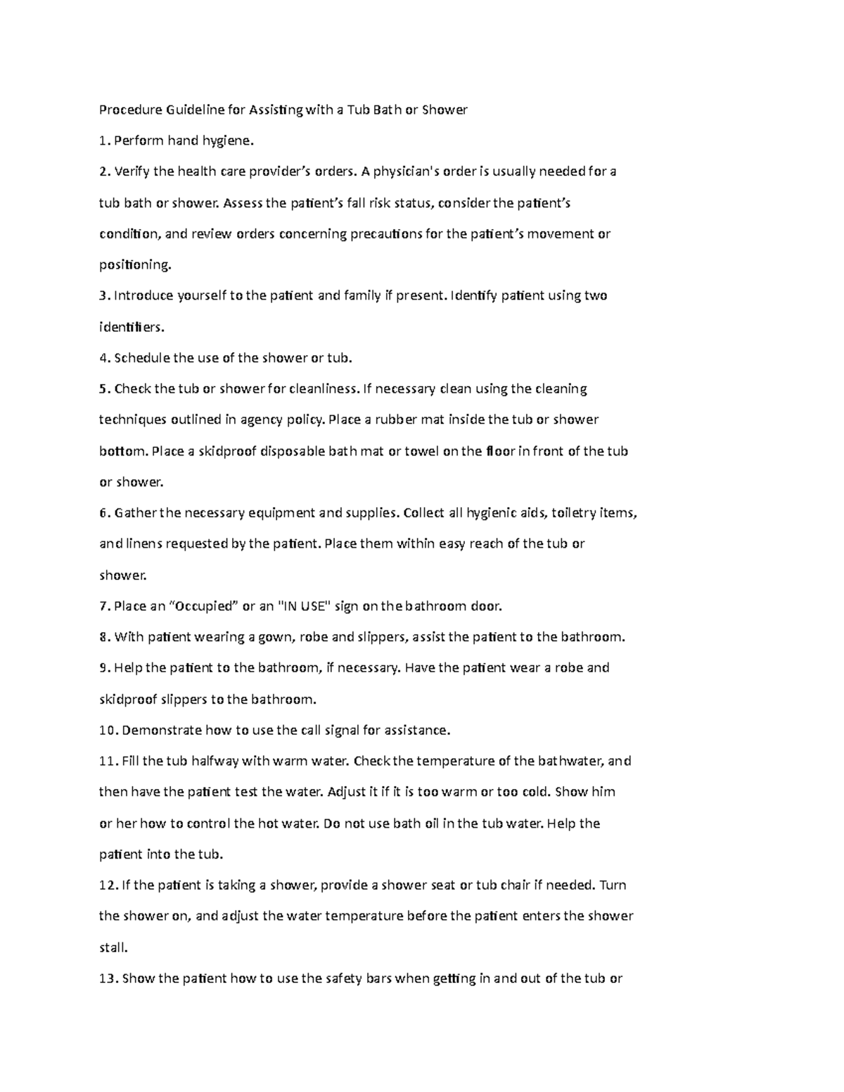 Guideline for Assisting Patients with Tub Bath or Shower Procedures ...