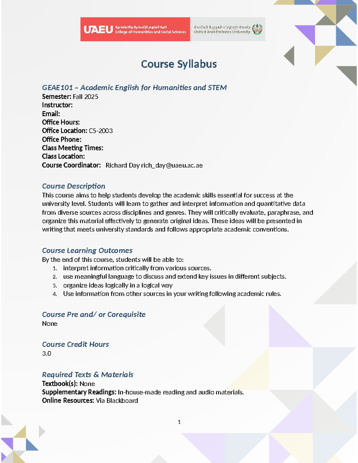 GEAE101 Course Syllabus: Academic English for Humanities & STEM F25 ...