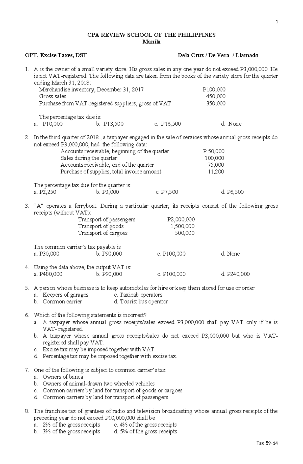 89-14 - Overview of OPT, Excise Tax, and DST Examination Questions ...