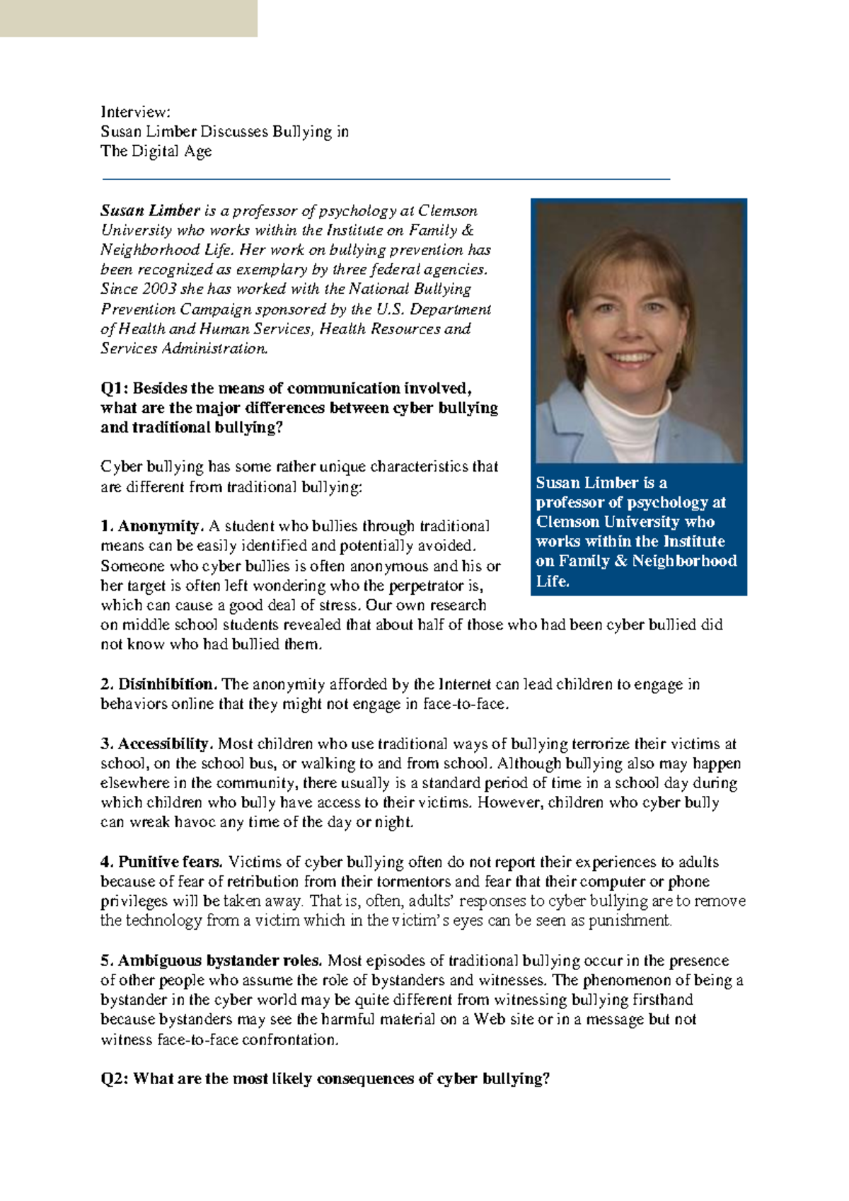 Interview Susan Limber - Interview: Susan Limber Discusses Bullying in ...