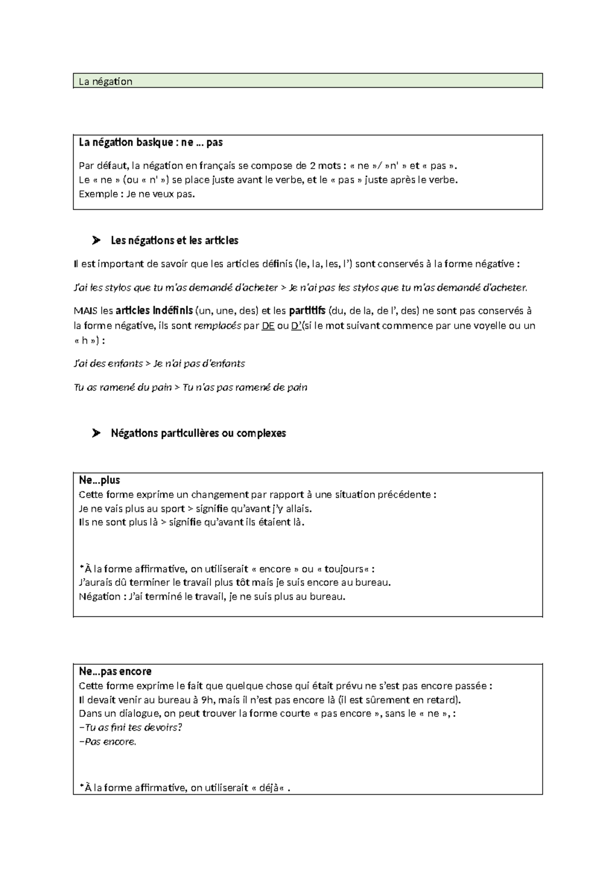 La négation en français : Théorie et exercices (Cours: La négation ...