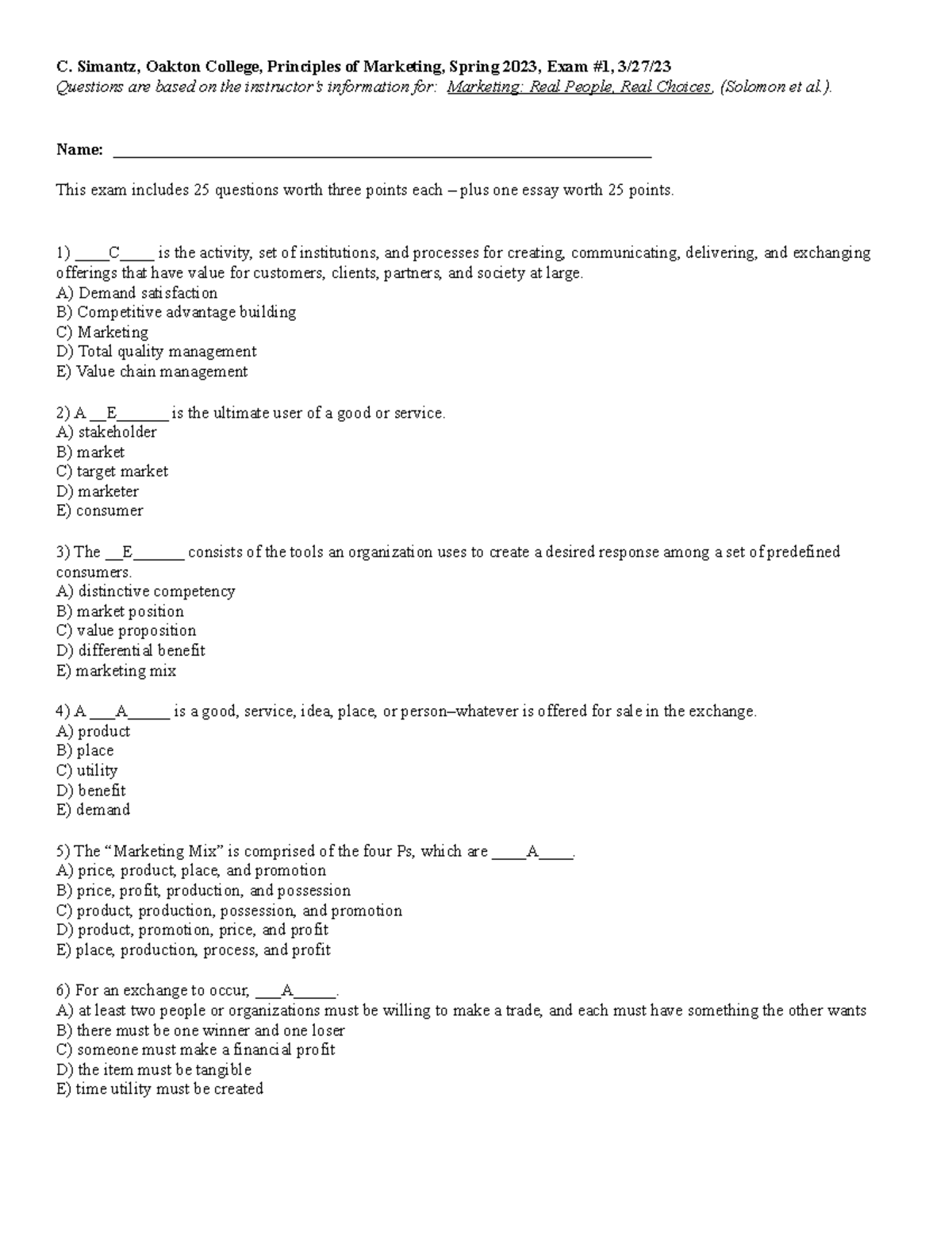 Principles of Marketing (MKT 101) - Exam #1 Study Guide, Spring 2023 ...