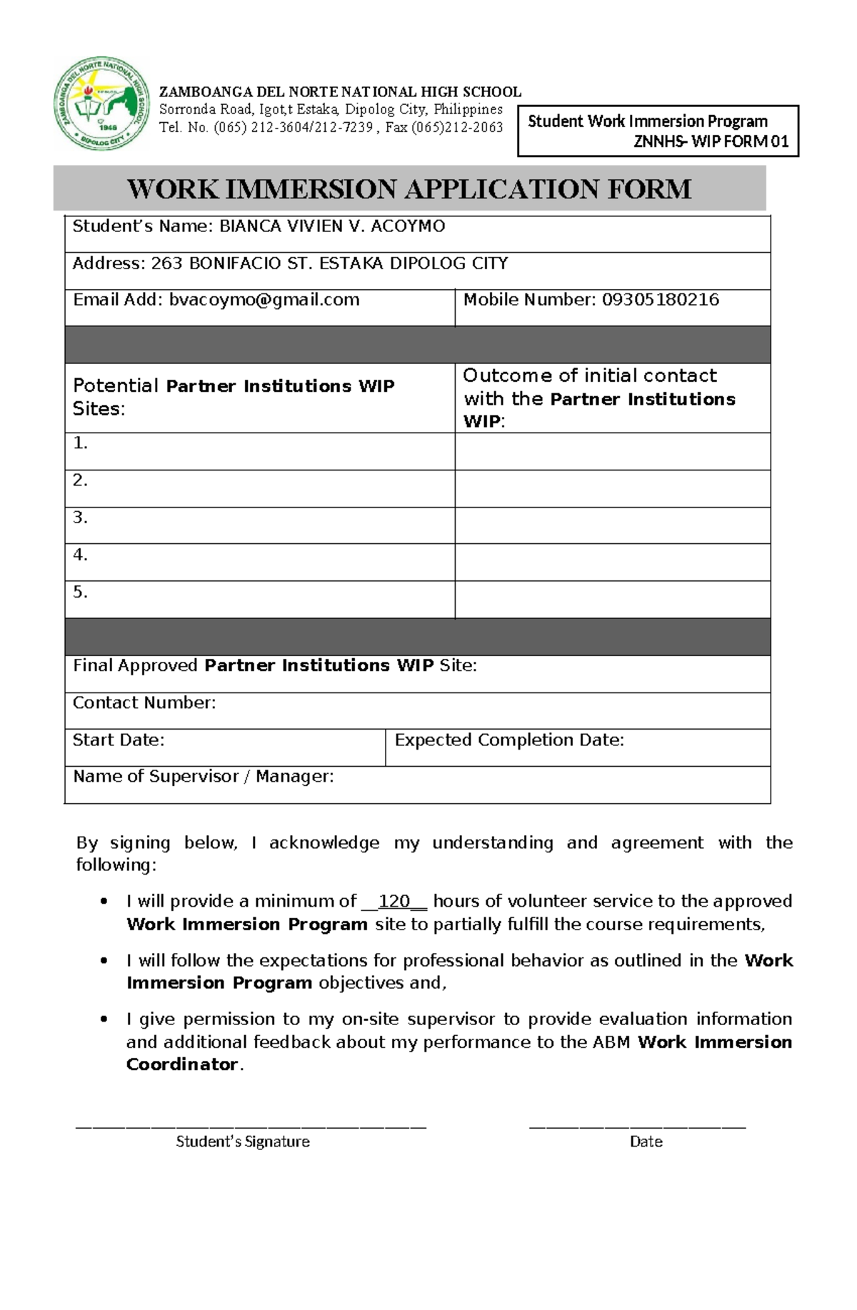 ZNNHS- WIP Forms for Work Immersion Program 2022-2023 - Studocu