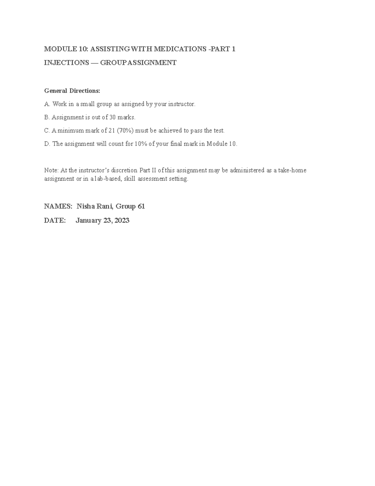 Module 10: Assisting with Medications - Group Assignment Part 1 - Studocu