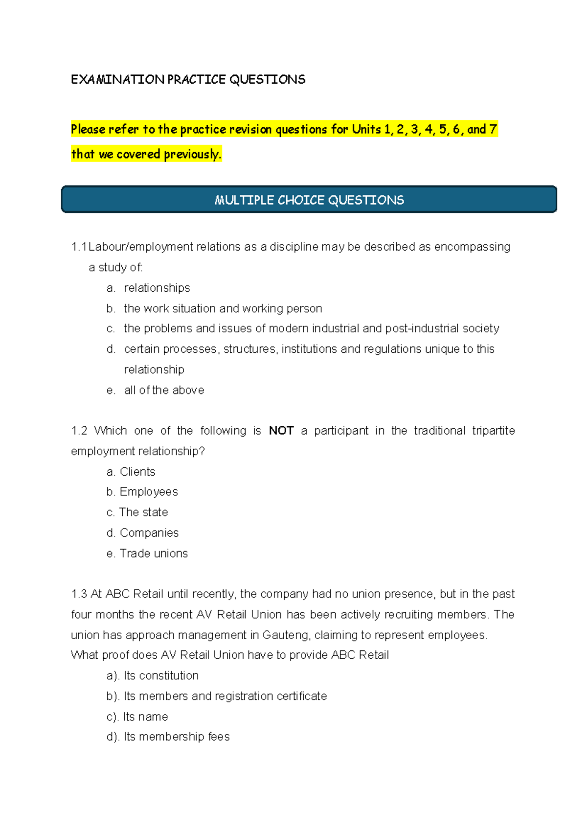 EXAM REVISION QUESTIONS FOR UNITS 1-7 (LABOUR RELATIONS) - Studocu