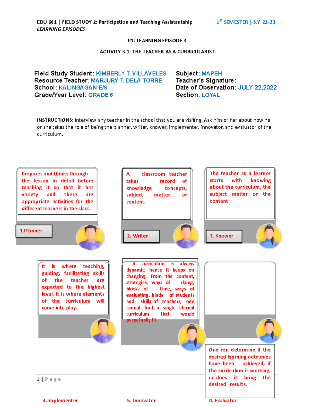 EDU 601 | Field Study 2: Teacher Roles as Curricularists - S.Y. 22 ...