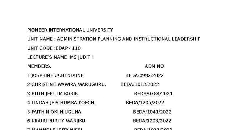 Administration planning - PIONEER INTERNATIONAL UNIVERSITY UNIT NAME ...