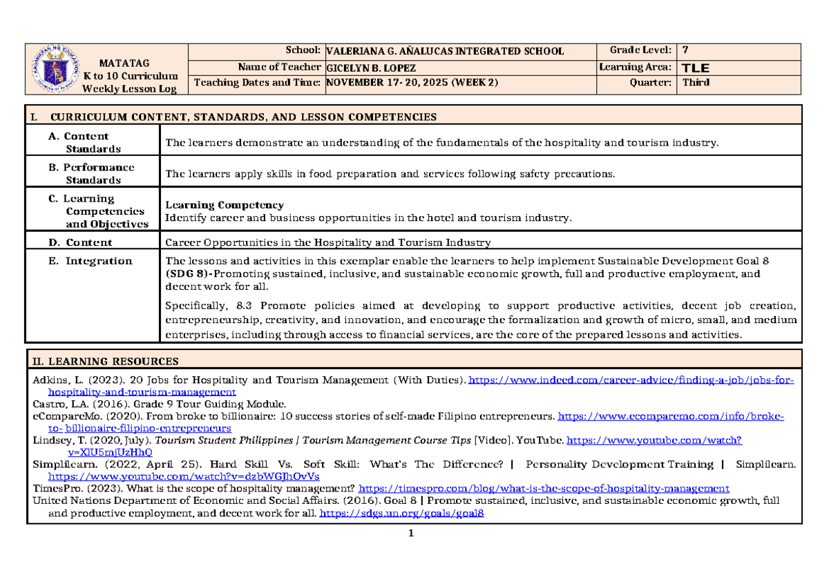 DLL Matatag TLE 7 Q3 W2: Career Opportunities in Hospitality & Tourism ...