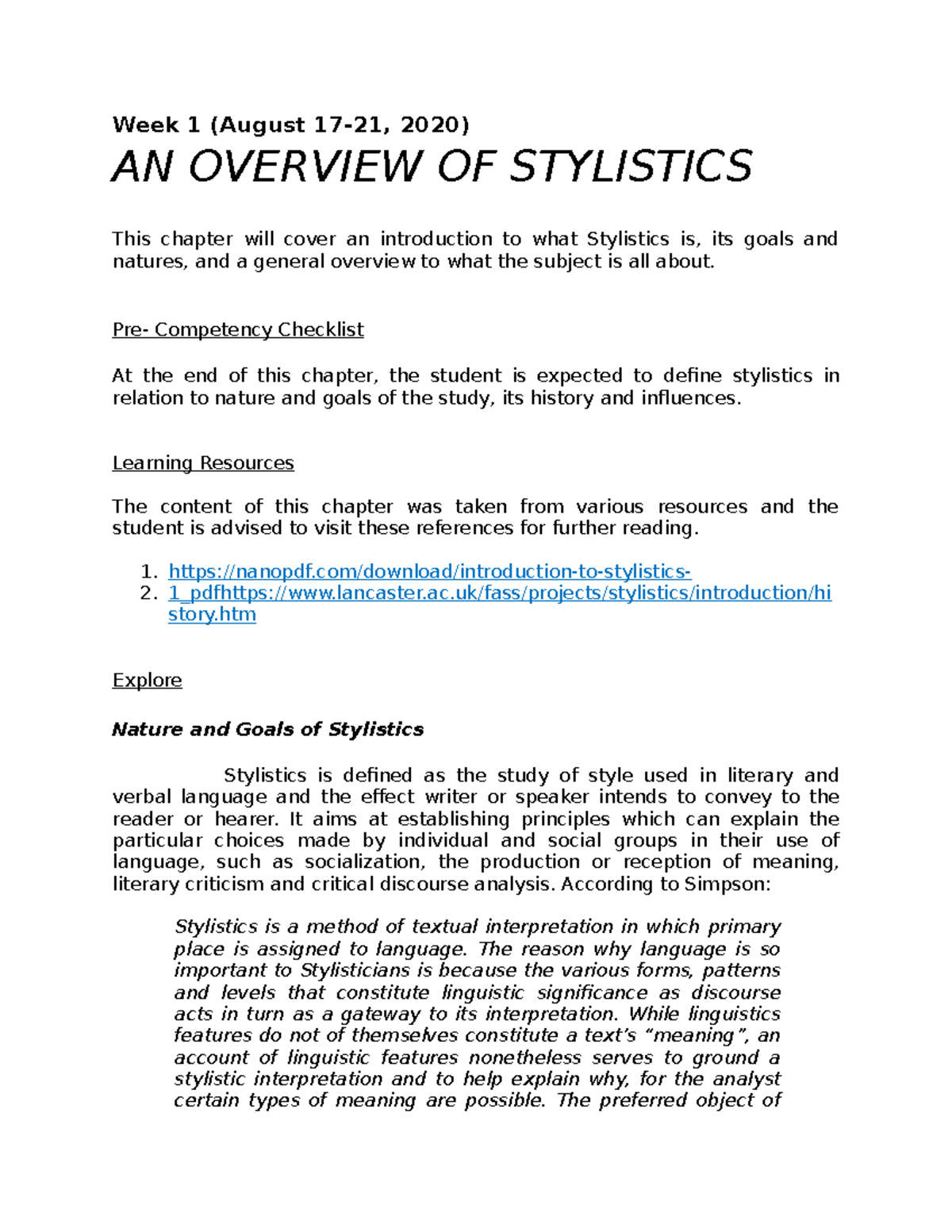 Stylistics Overview: Nature, Goals, and Historical Context (ENG101 ...