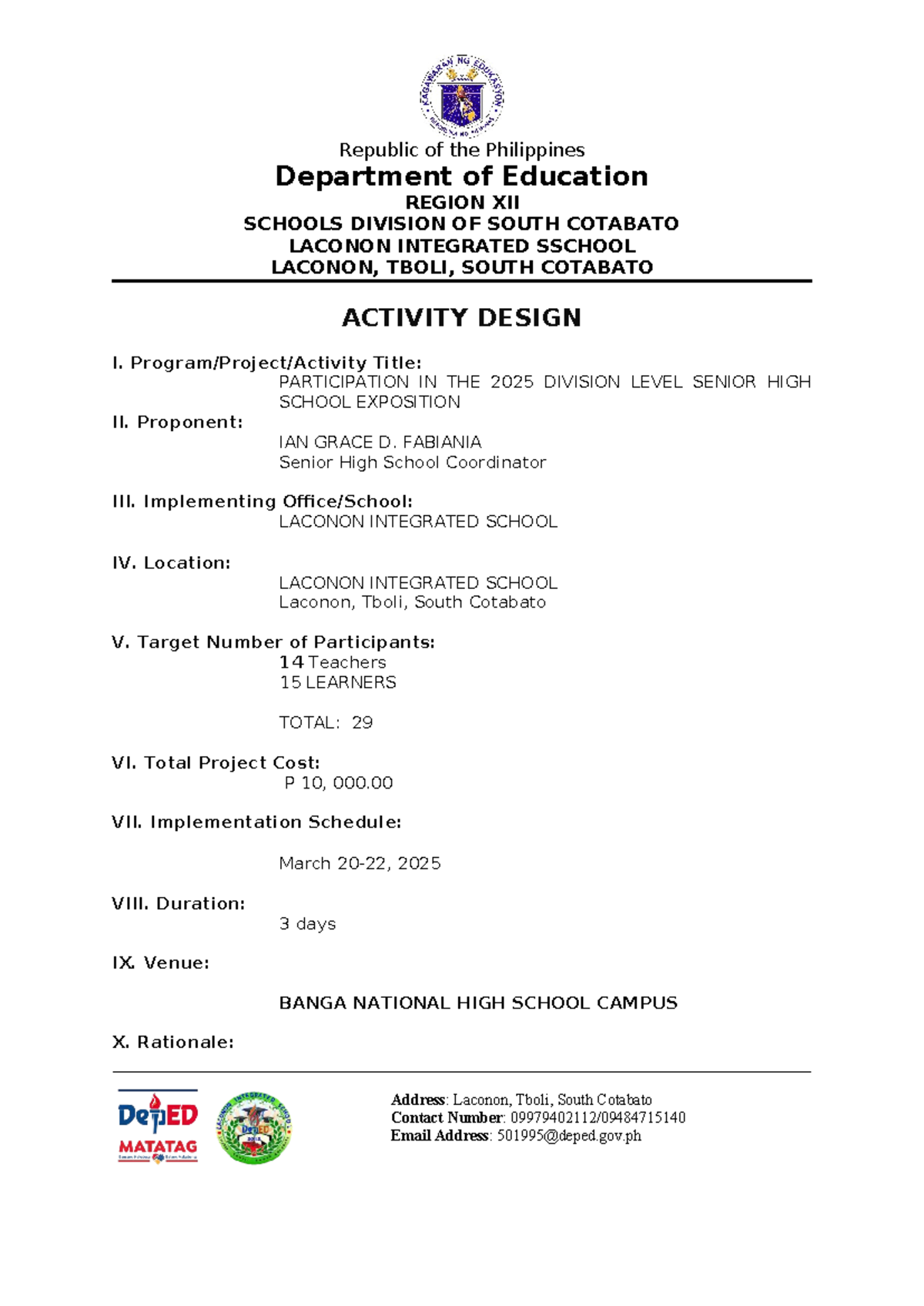Activity Design for SHS Exposition 2025 - Laconon Integrated School ...