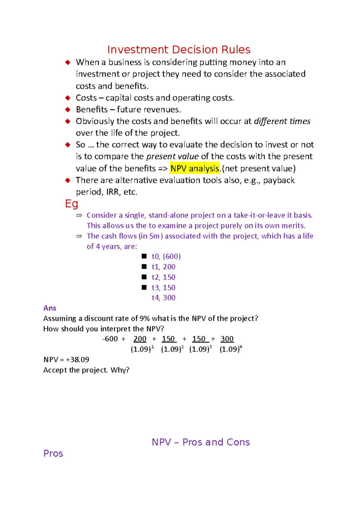 Investment Decision Rules: NPV Analysis and Project Evaluation - Studocu