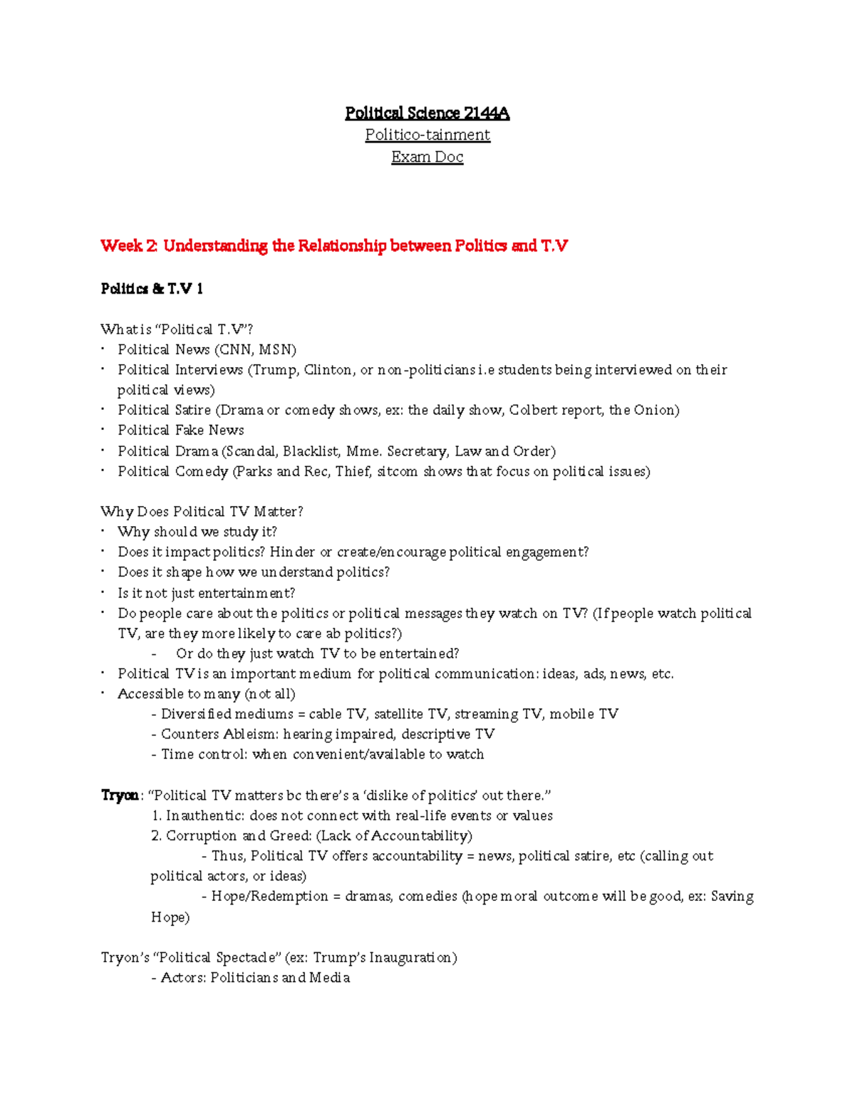Political Science 2144A Exam Doc Week 2: The Impact of Political TV ...