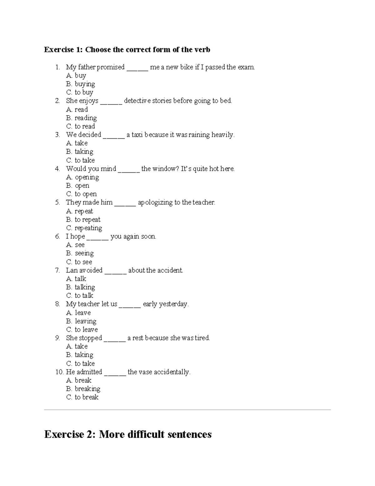 Exercise 1-3: Verb Forms and Idioms Practice for 10th Grade (10A) - Studocu