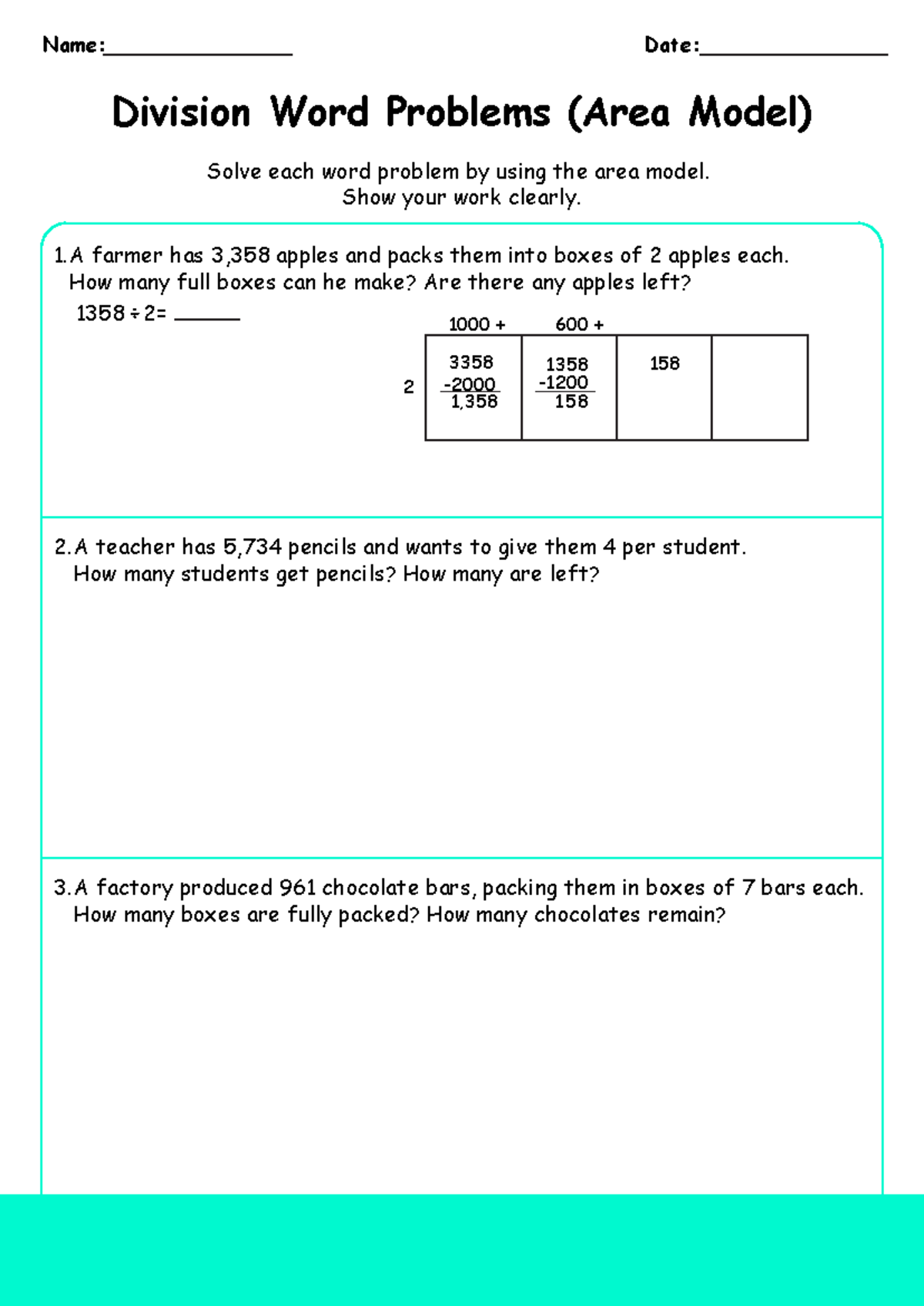 Division Word Problems (Area Model) - 4th Grade Practice Worksheet ...
