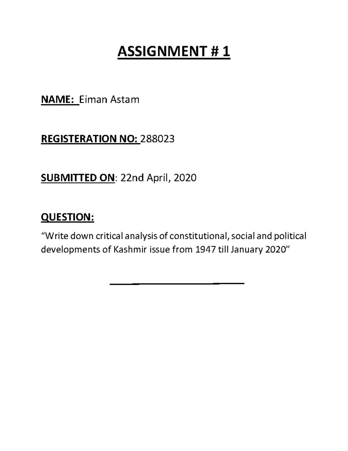 Kashmir Issue Analysis (1947 - Jan 2020) - Assignment #1 - Studocu