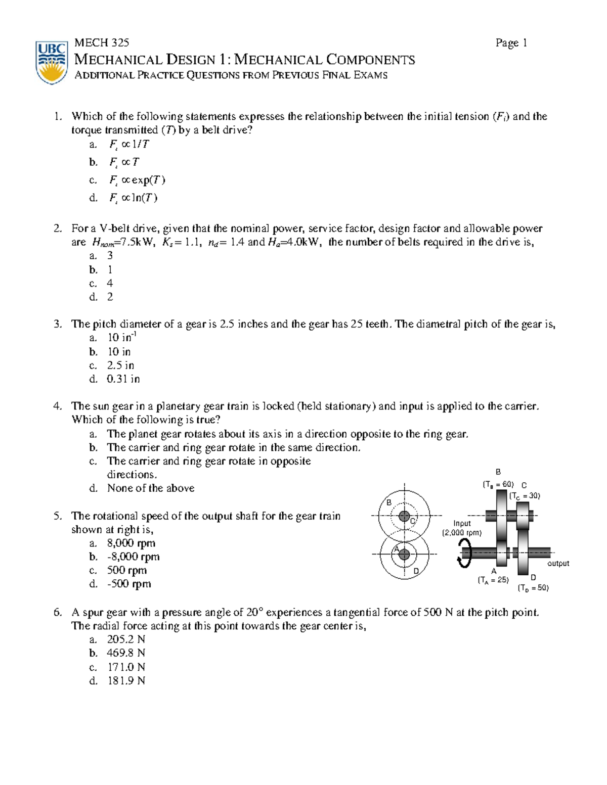 Review exam June, questions - MECH 325 Page 1 MECHANICAL DESIGN 1 ...