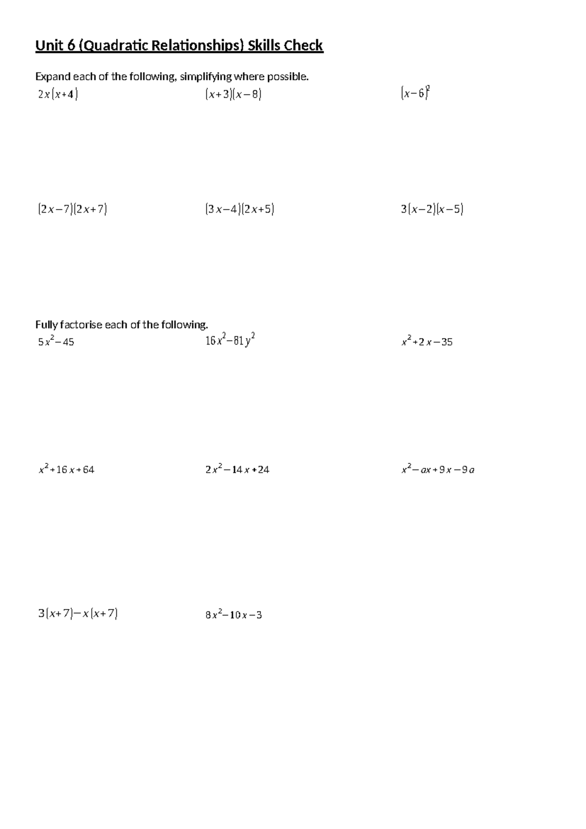 Unit 6 (Year 10) Skills Check: Quadratic Relationships Practice - Studocu