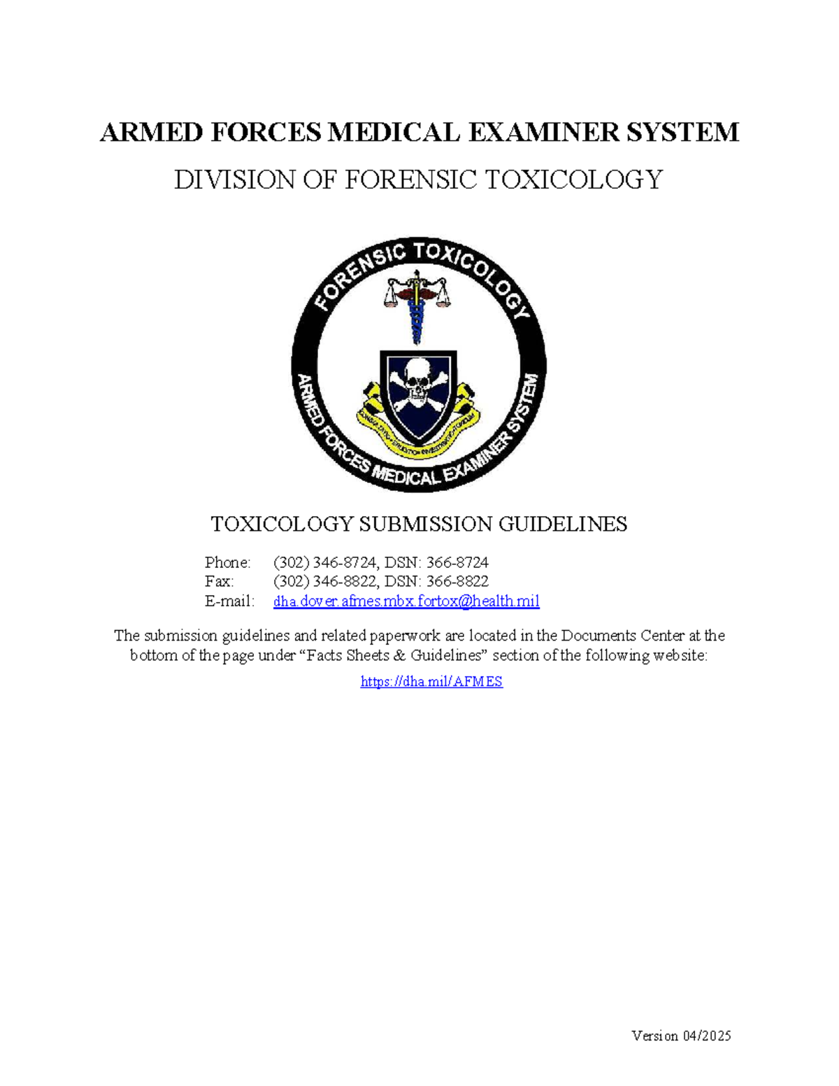 AFMES Toxicology Submission Guidelines: Forensic Protocols & Procedures ...