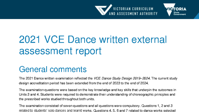 2021 VCE Dance Written Exam Assessment Report: Key Insights and ...
