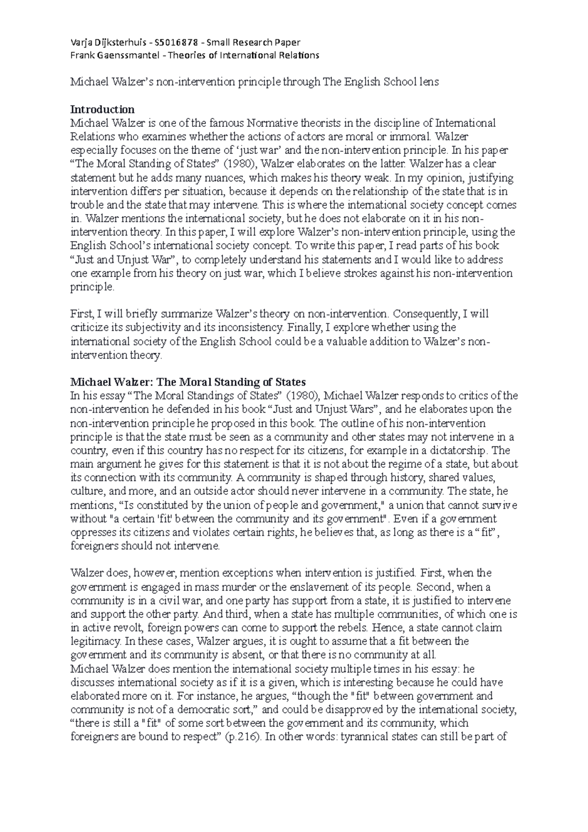 SRP Varja TIR: Examining Walzer's Non-Intervention Principle - Studeersnel