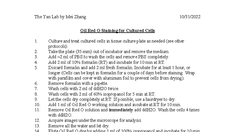 Oil Red O Staining Protocol for Cultured Cells - Yan Lab - Studocu