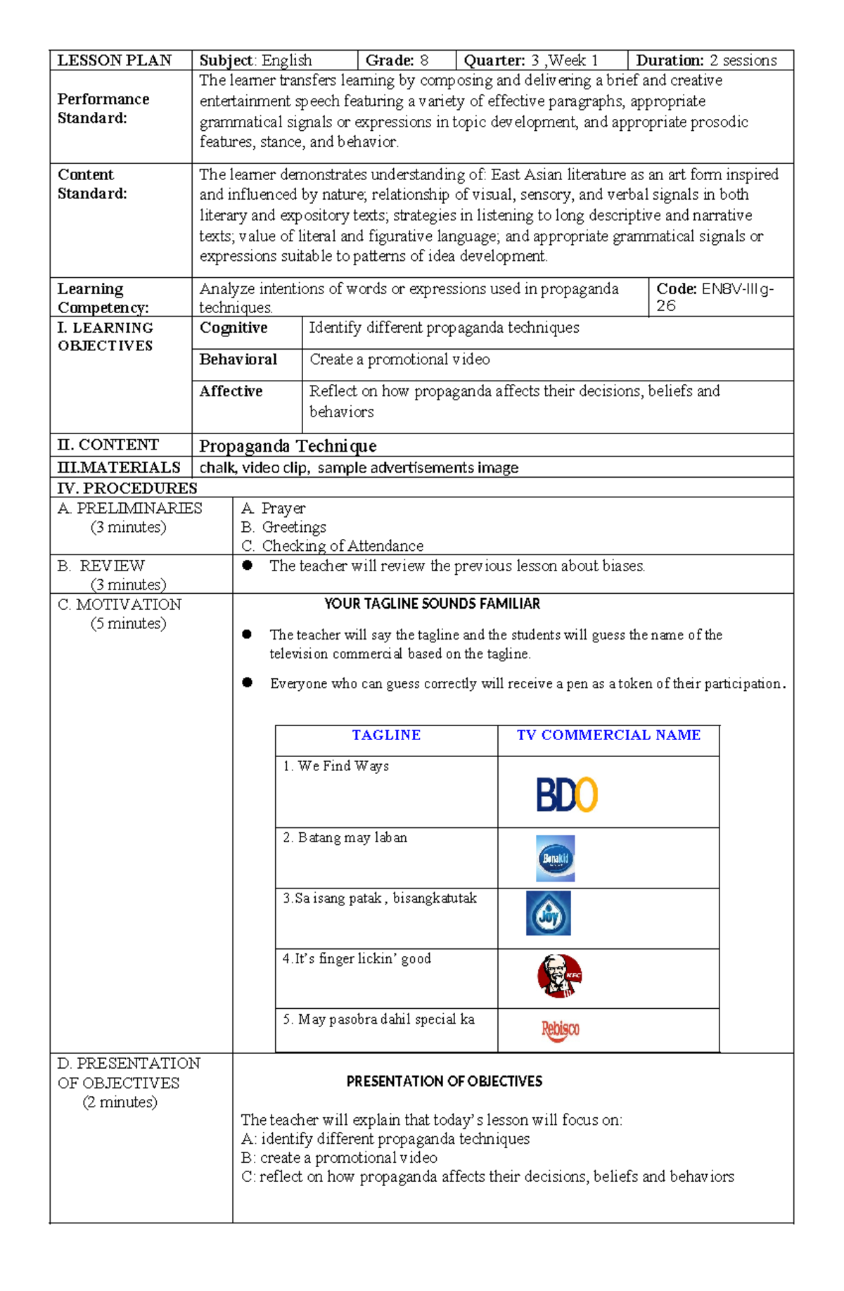 Grade 8 English Lesson Plan: Analyzing Propaganda Techniques - Studocu