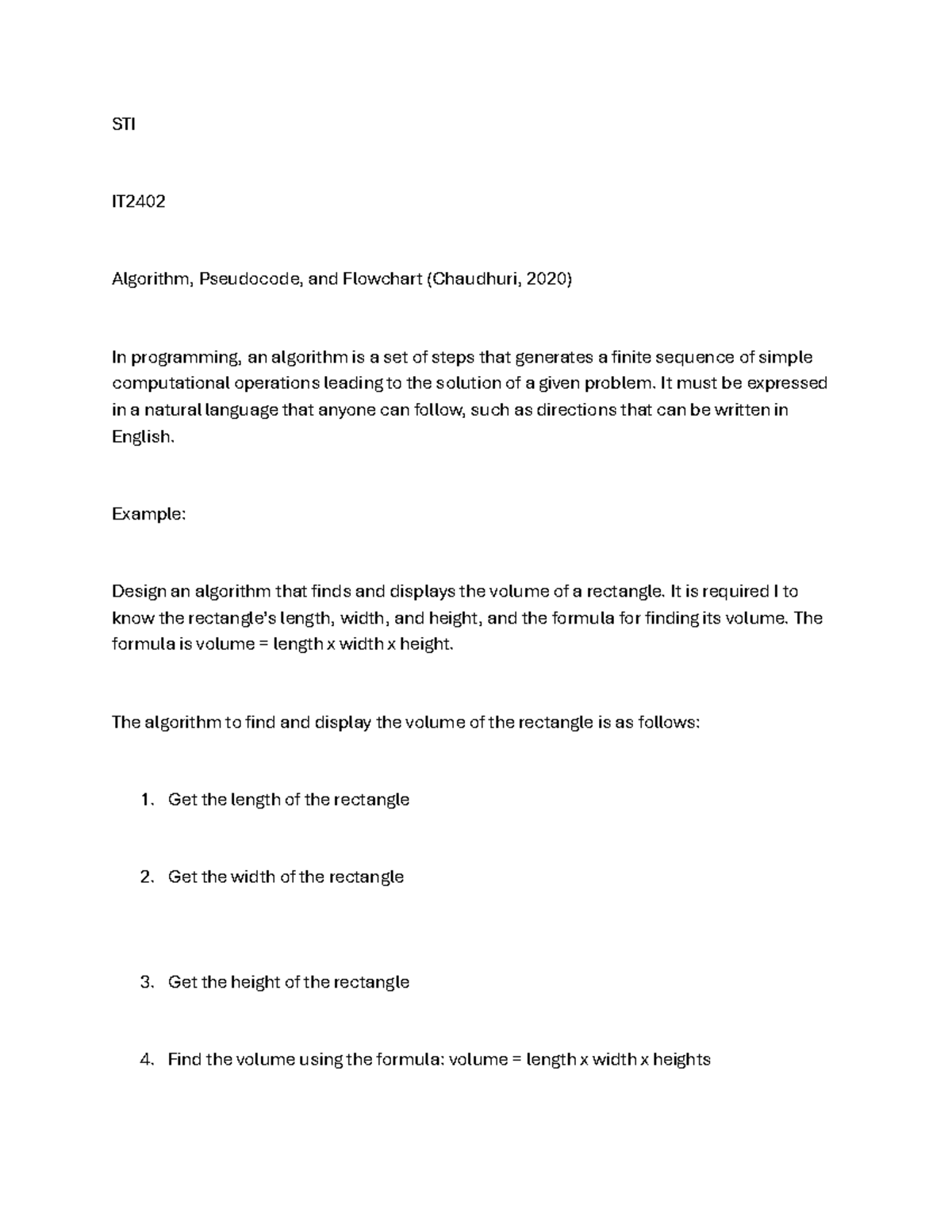 IT2402: Algorithms, Flowcharts, and Programming Basics Guide - STI IT Algorithm, Pseudocode, and ...