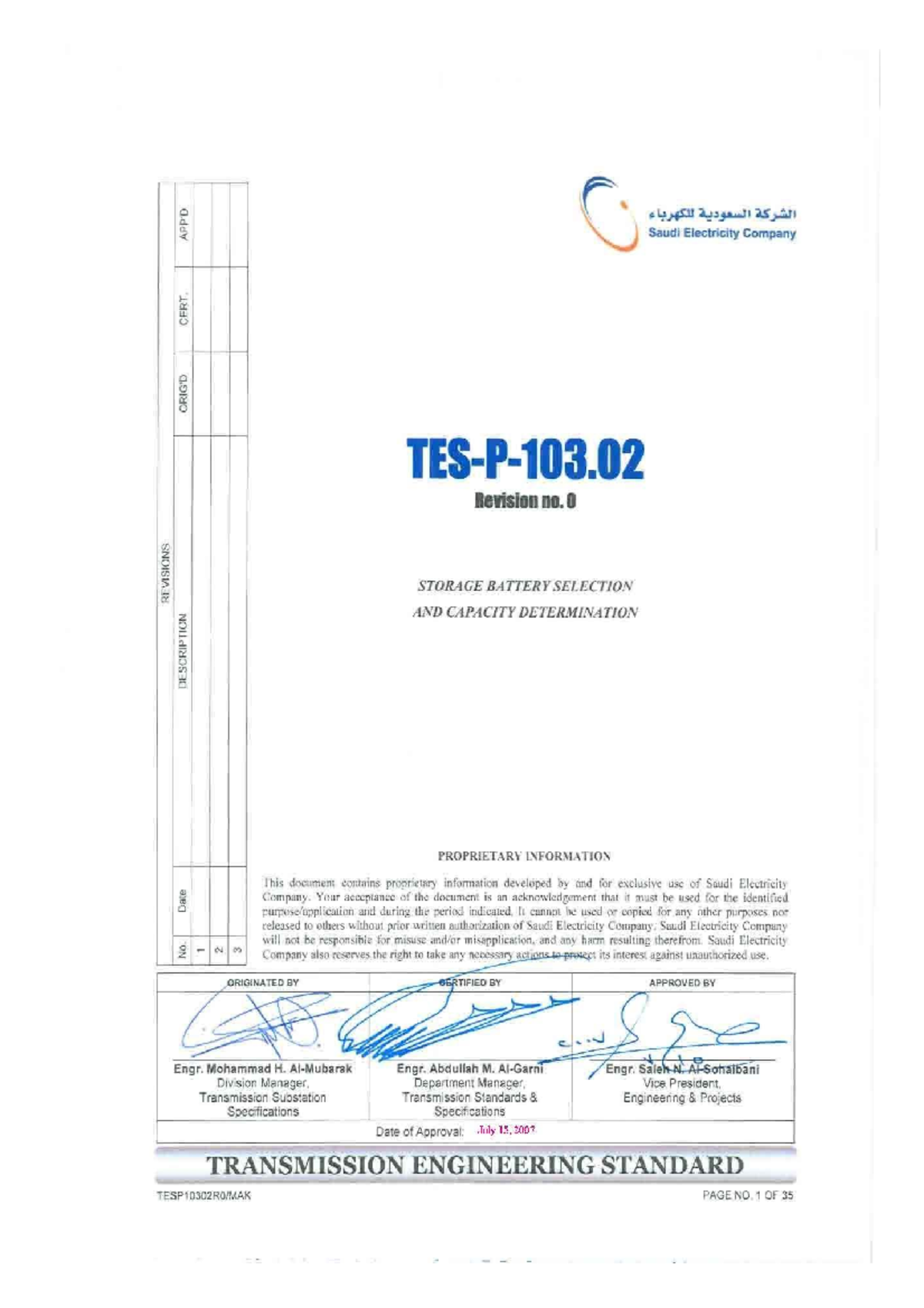TES-P-103: Transmission Engineering Standard - Battery Sizing ...