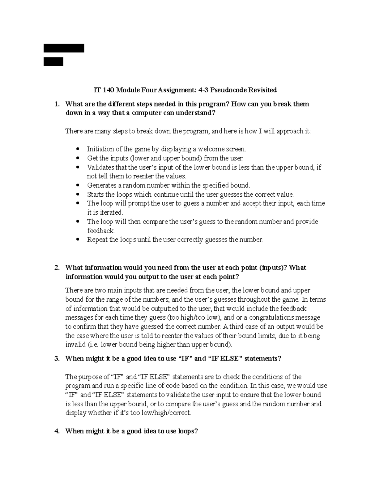 IT-140 Module Four Assignment: 4-3 Pseudocode Breakdown and Logic - Studocu