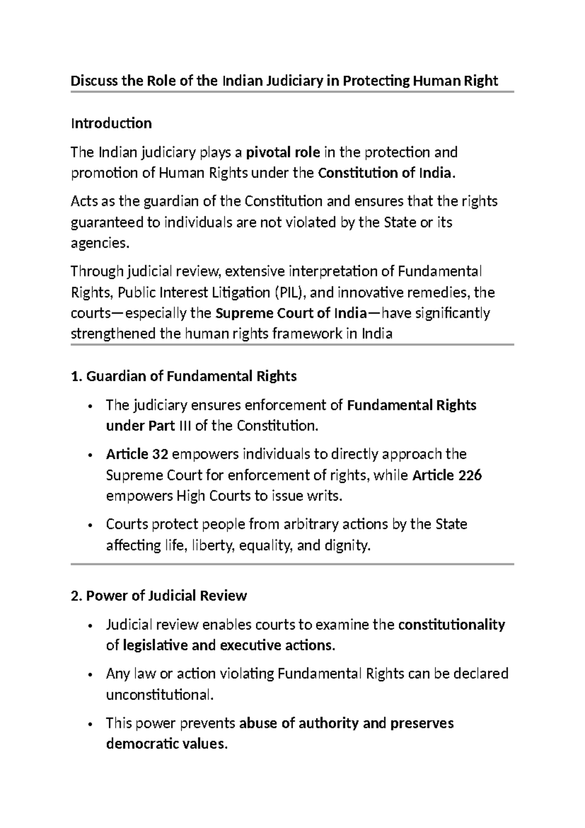Unit 3 - The Role of Indian Judiciary in Human Rights Protection - Studocu